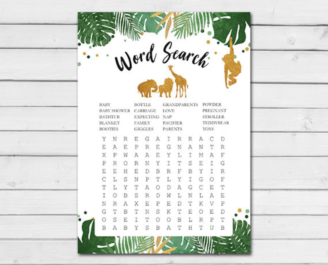 Safari Baby Shower Game Word Search Game Cards Wild One Jungle Baby ...