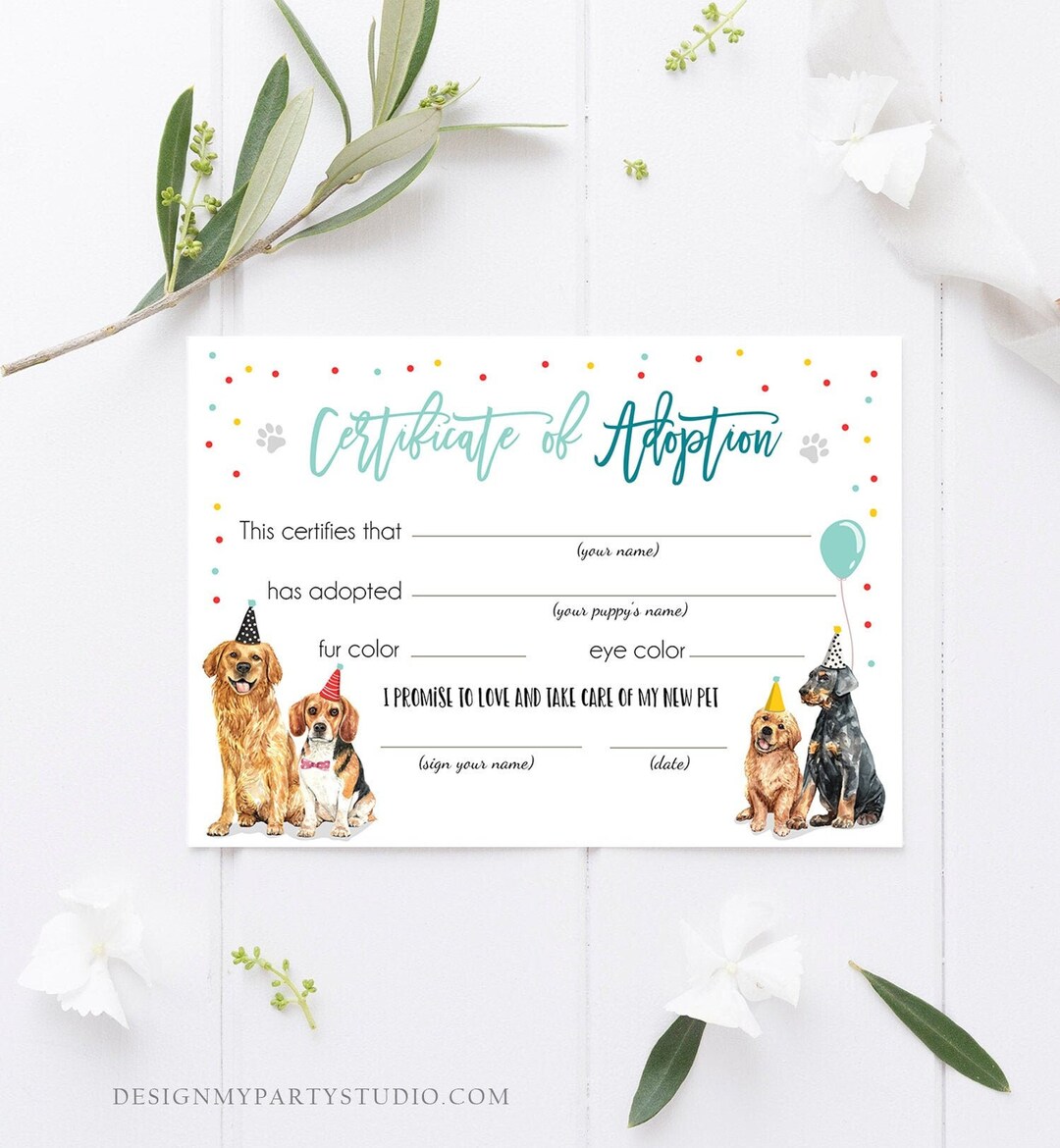 Pet Adoption Certificate Puppy Adoption Dog Birthday Party Adopt A Pet ...