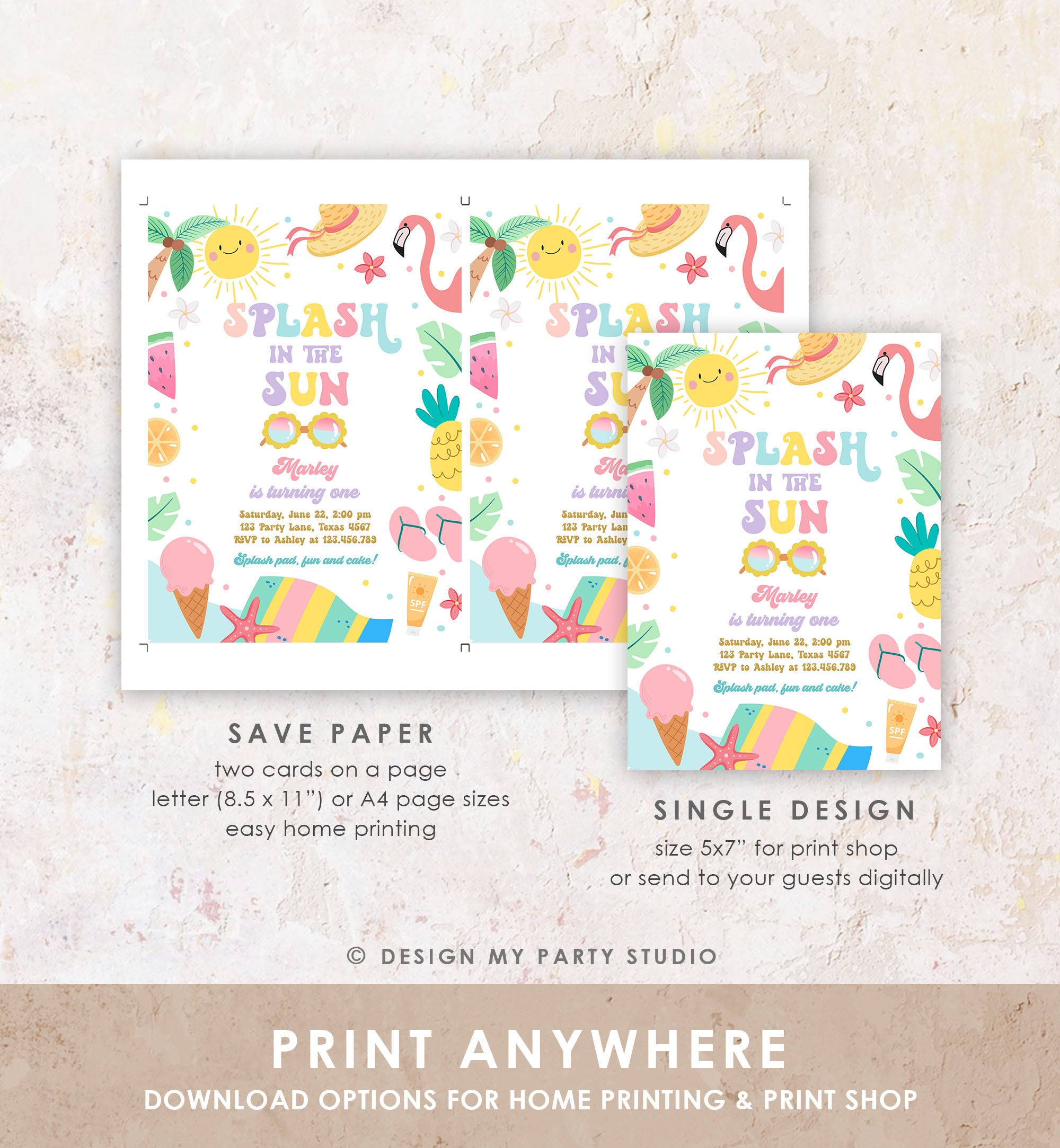Editable Splash in the Sun 1st Birthday Invitation Pool Party Girl ...