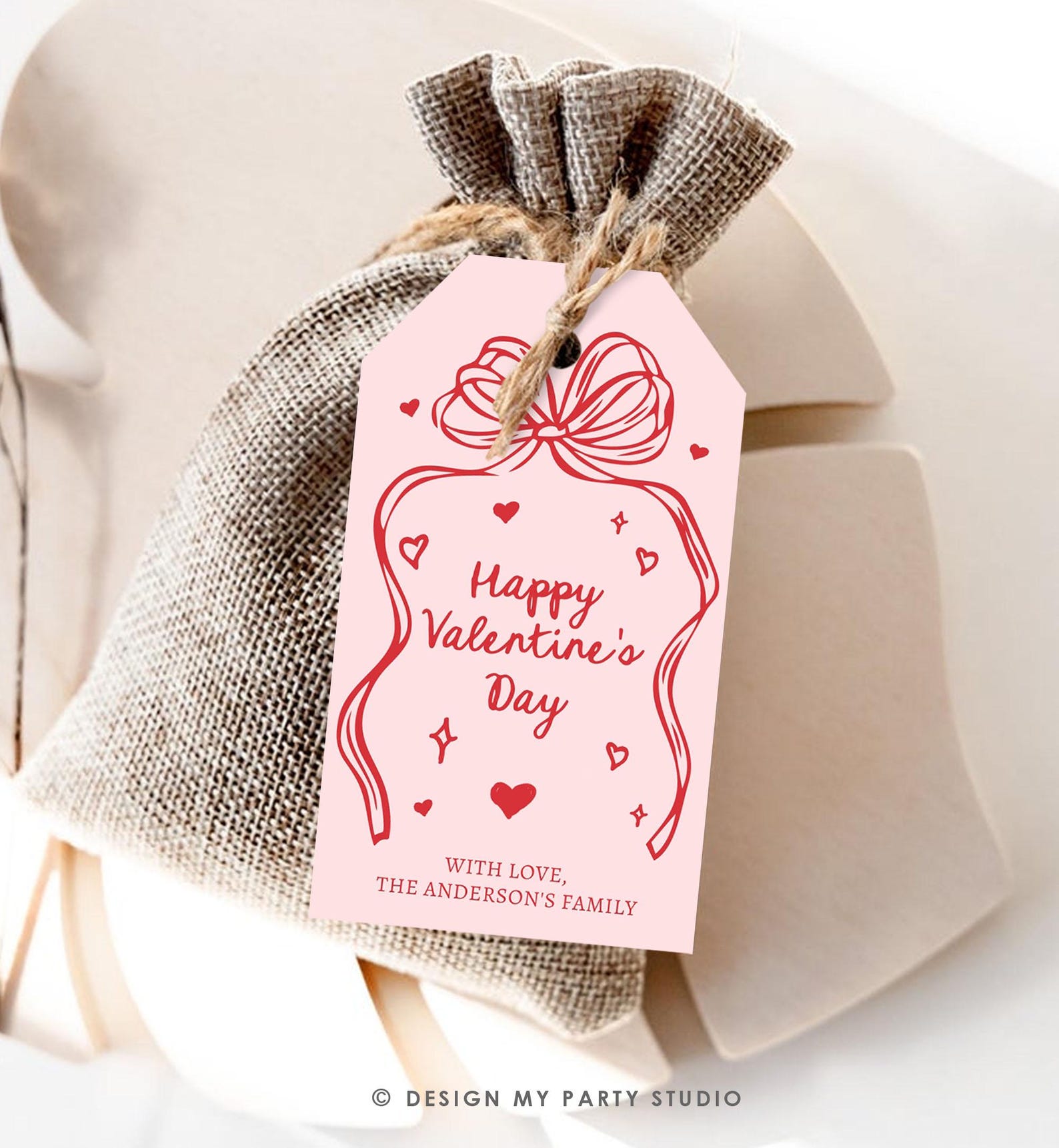 Editable Valentine's Day Tag Pink Red Bow Valentine Gift Tag Doodle ...