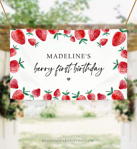 Editable Strawberry Backdrop Banner Strawberry Berry First Birthday ...