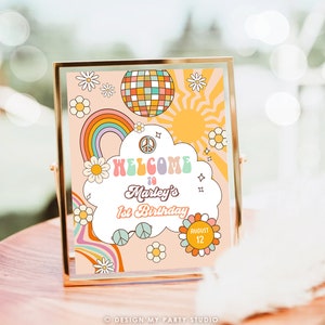 Editable Groovy Birthday Welcome Sign Floral Boho Birthday Welcome Sign ...
