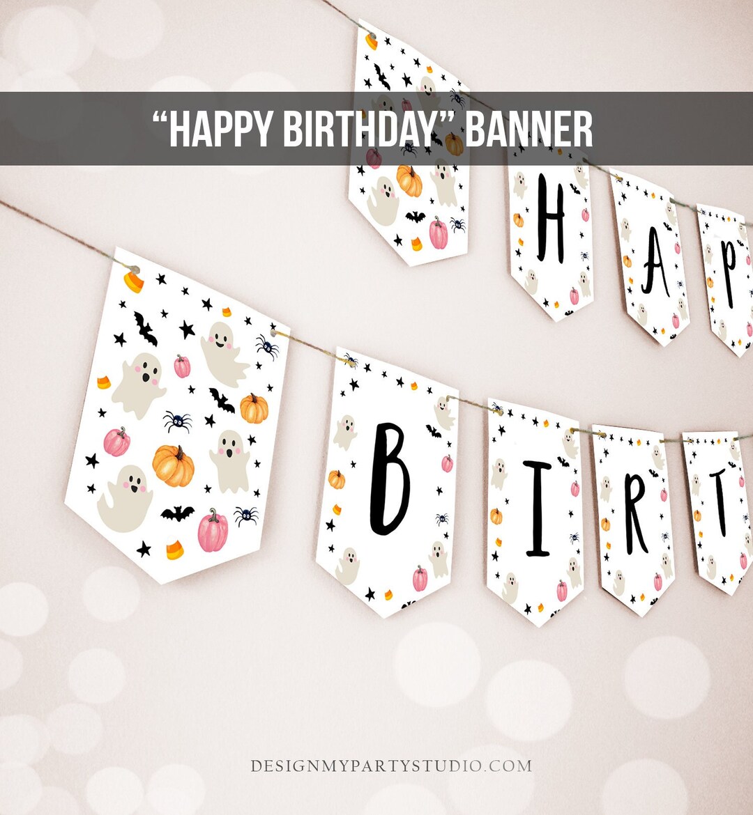 Happy Birthday Banner Halloween Birthday Banner Pink Ghost Birthday ...