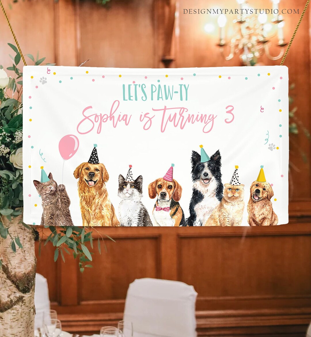 Editable Cats and Dogs Backdrop Banner Puppy Birthday Cat Birthday ...
