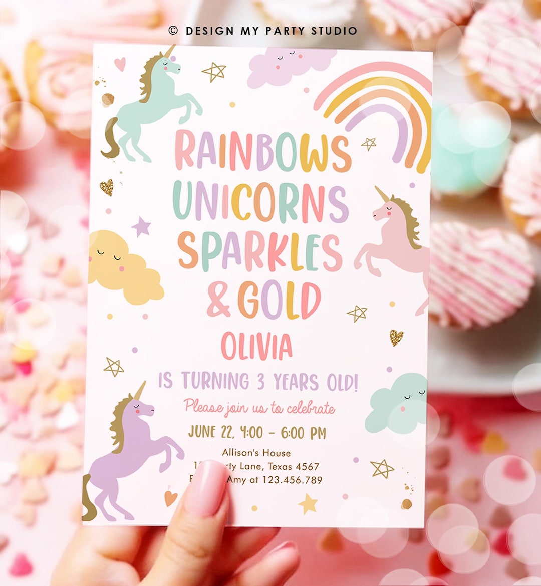 Editable Unicorn Birthday Invitation 3rd Third Birthday Rainbows ...