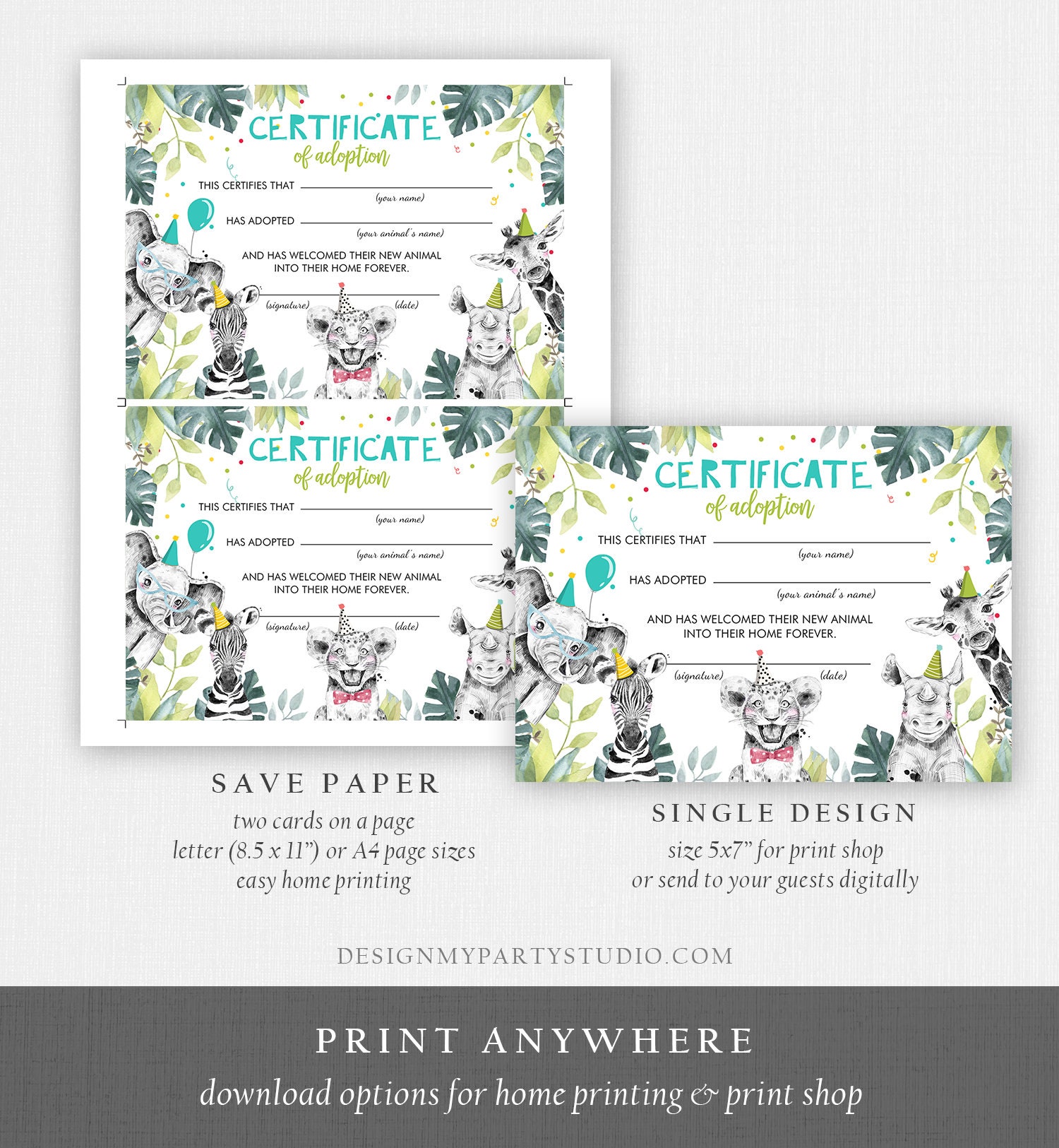 Adopt an Animal Adoption Certificate Safari Animals Adoption | Etsy