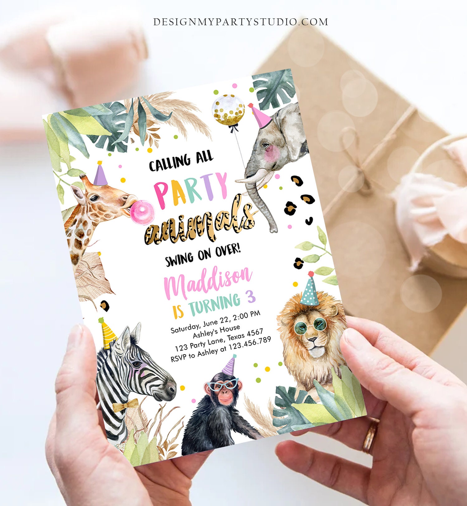 Editable Party Animals Birthday Invitation Leopard Print Safari Animals ...