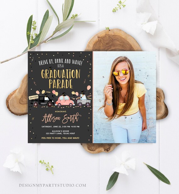 Editable Drive By Graduation Parade Invitation Drive Through Coral Girl ...