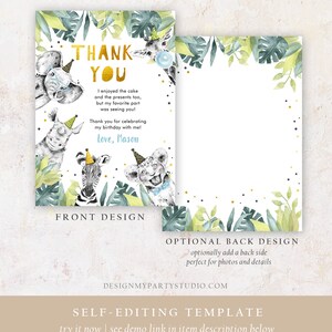 Editable Thank You Card Safari Animal Wild One Two Wild Thank You Note ...