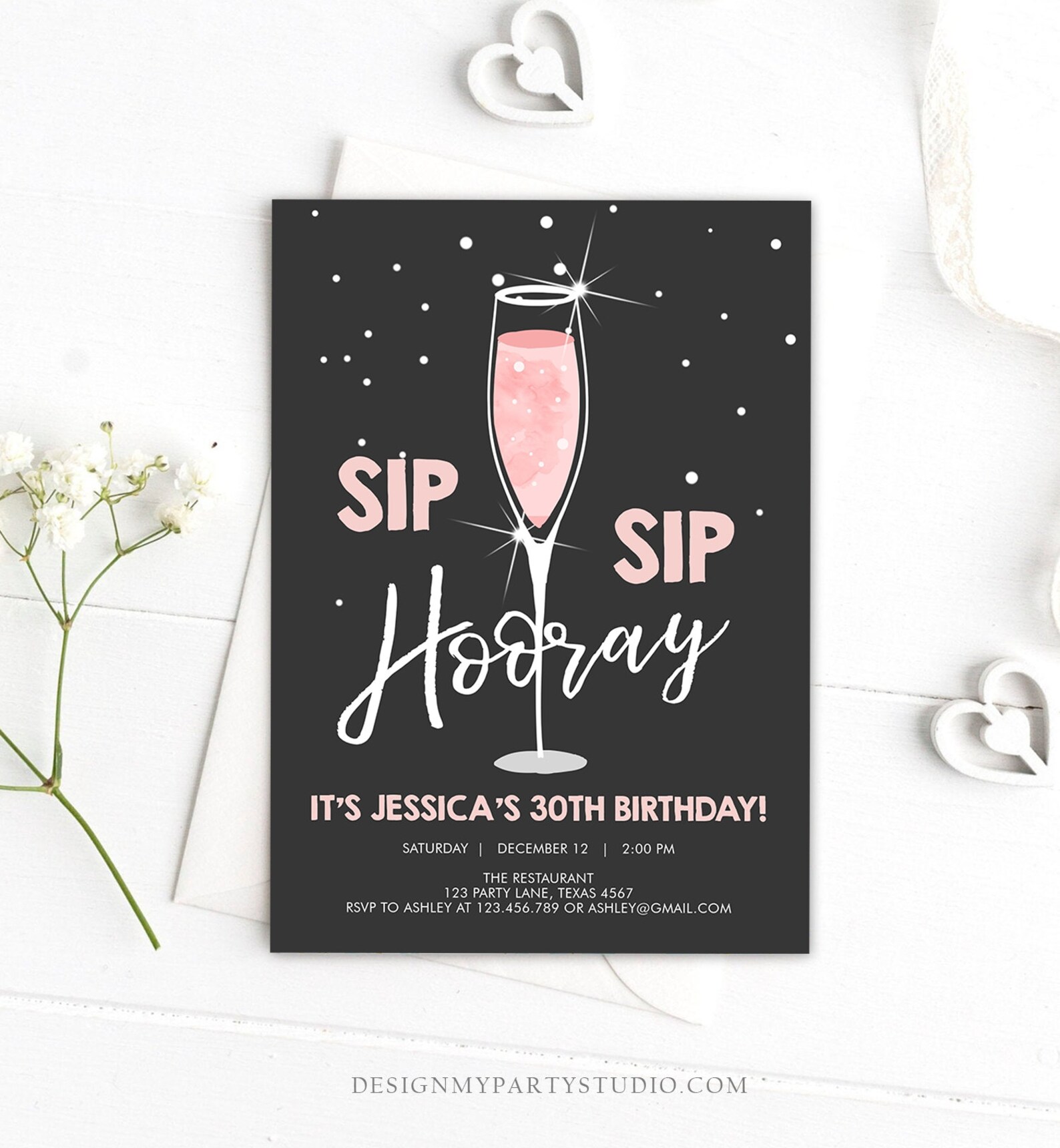 Editable Sip Sip Hooray Birthday Invitation Adult Surprise - Etsy
