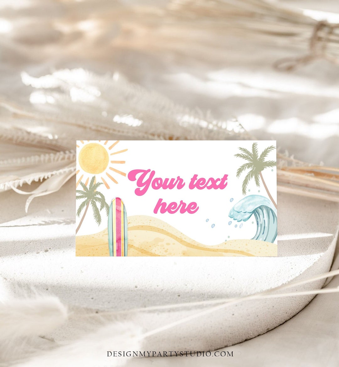 Editable Surf Food Labels Surfboard Birthday Place Card Tent Buffet ...