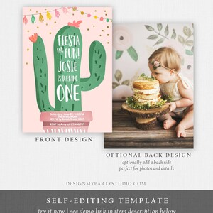 Editable Cactus Fiesta Birthday Invitation Girl Pink First Birthday ...