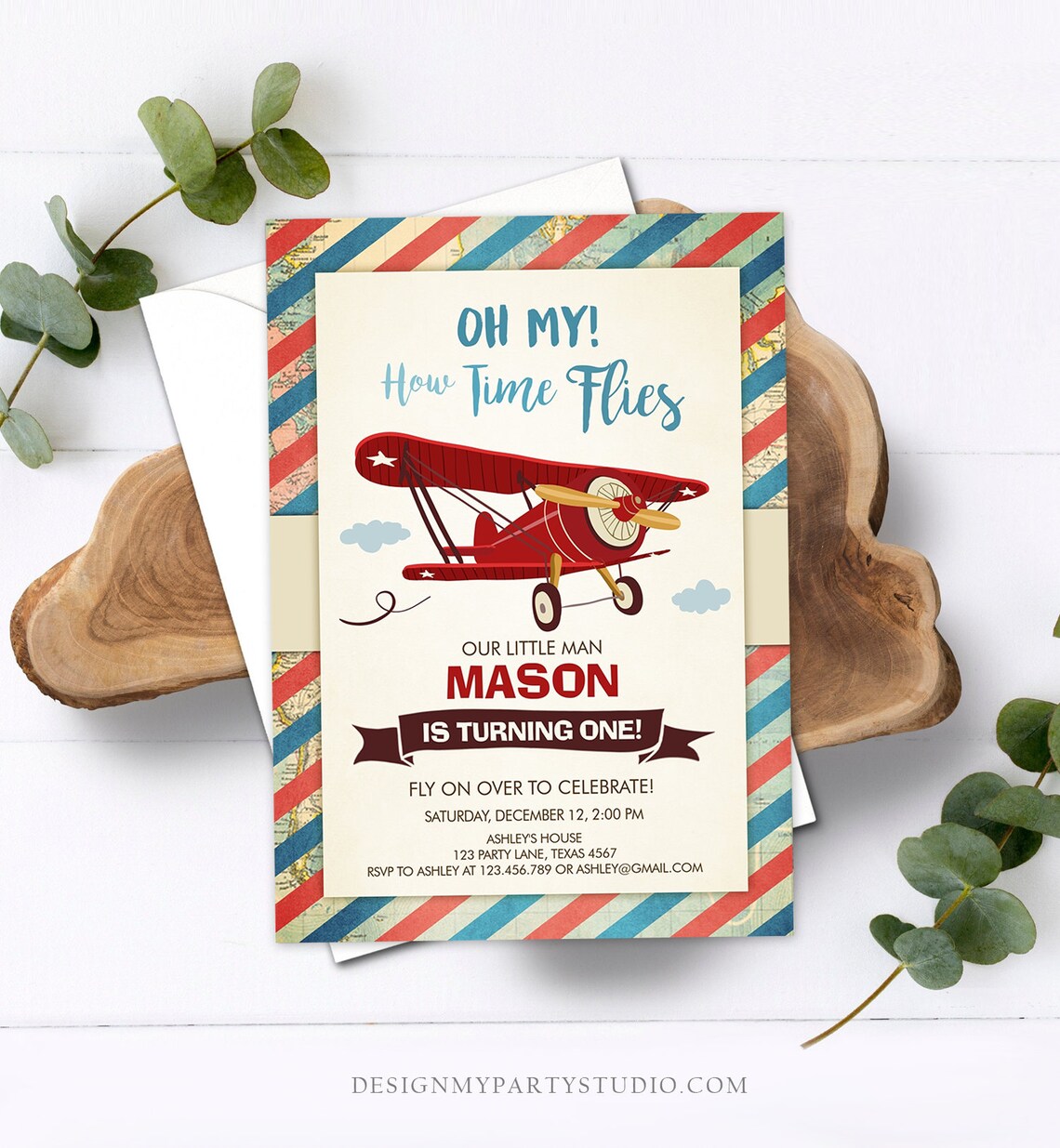 Editable Airplane Birthday Invitation Oh My Time Flies Red | Etsy