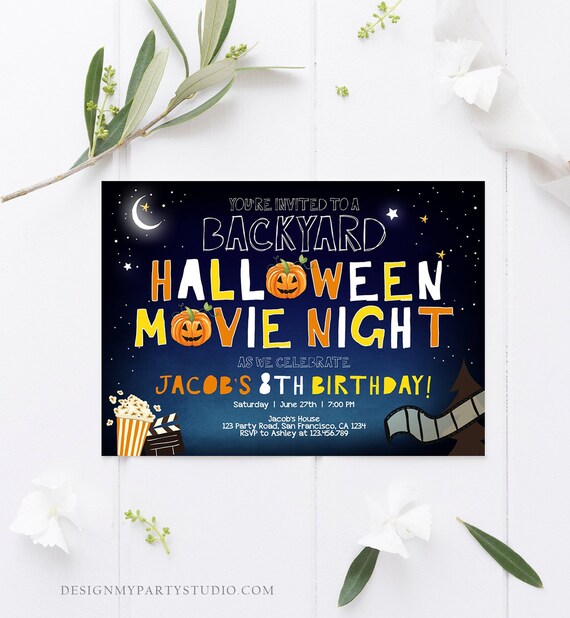 Editable Halloween Movie Night Birthday Invitation Outdoor Backyard ...