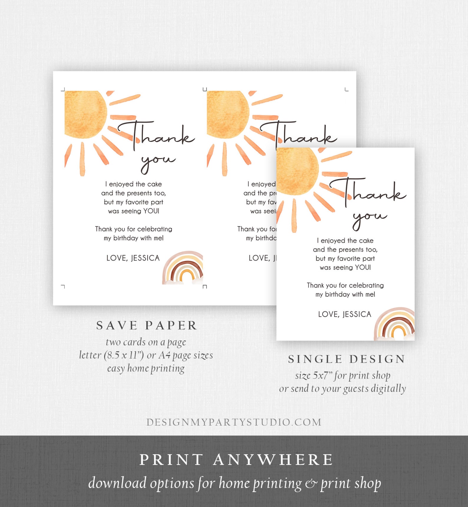 Editable Sun Thank You Card Sun Birthday Party Thank You Note - Etsy