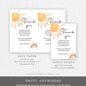 Editable Sun Thank You Card Sun Birthday Party Thank You Note Sunshine ...