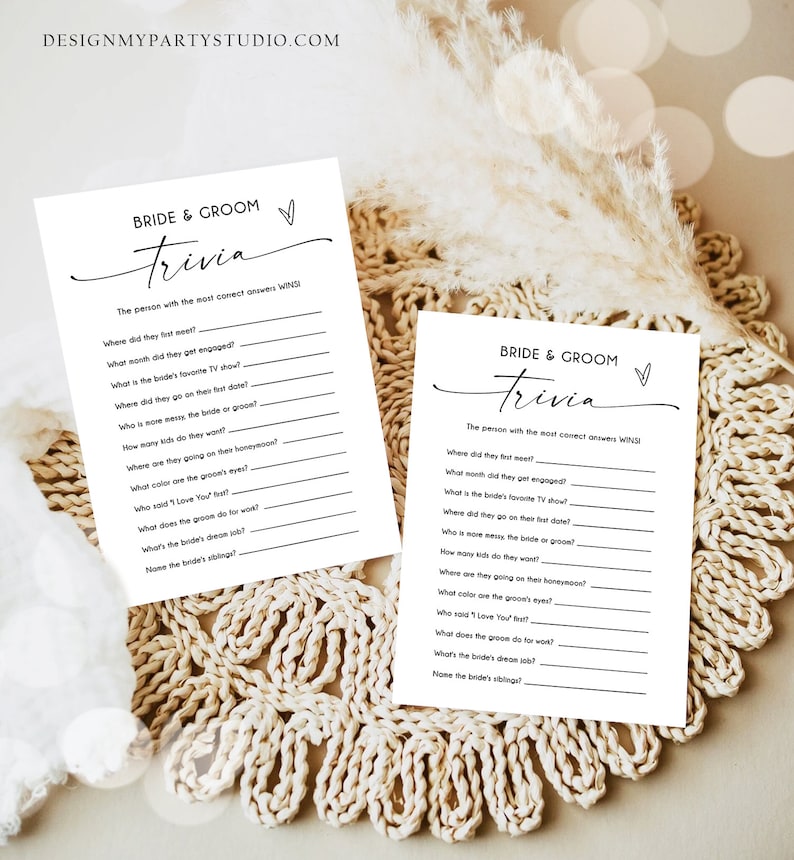 Editable Bride and Groom Trivia Bridal Shower Game Minimalist Modern ...