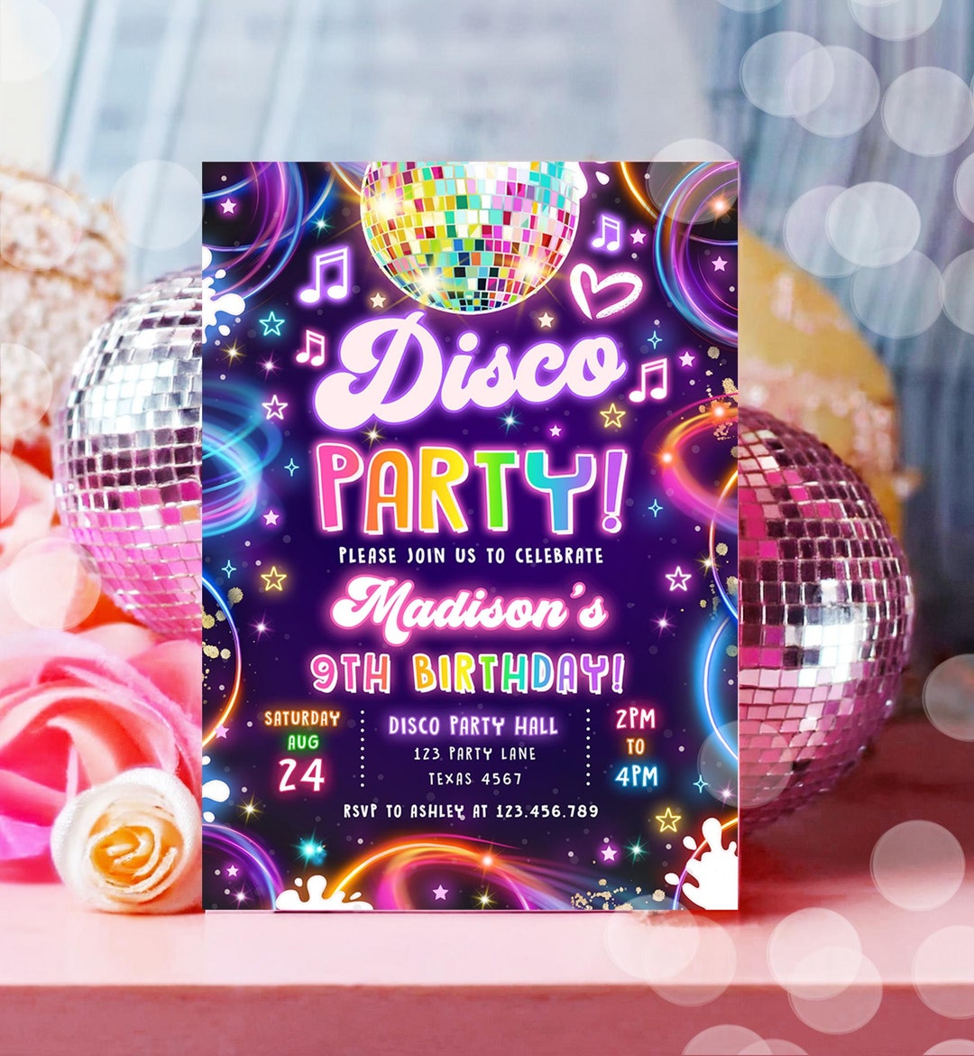 Editable Disco Party Birthday Invitation Neon Glow Let's Glow Crazy ...