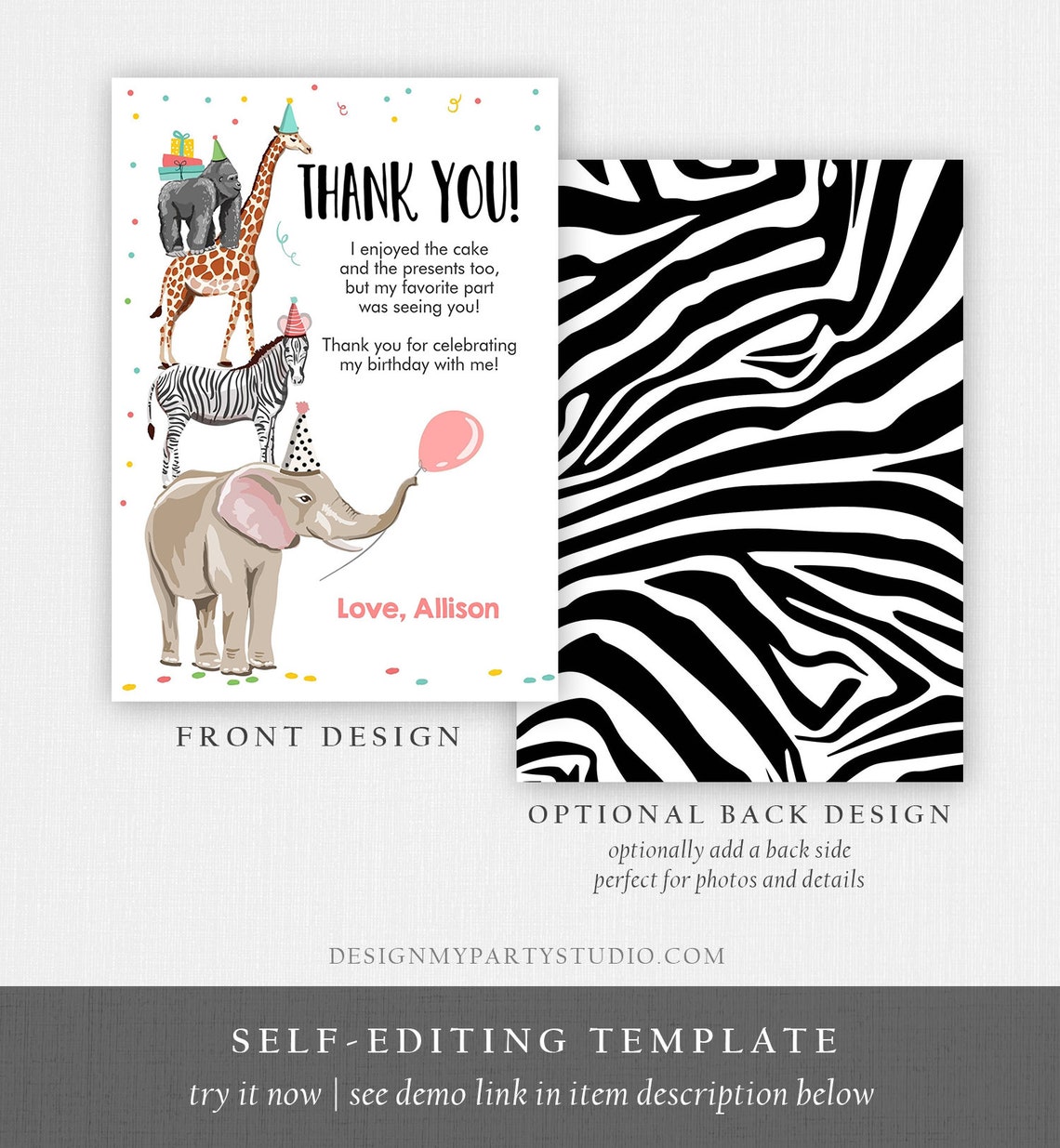 Editable Thank You Card Party Animals Thank You Note Wild - Etsy