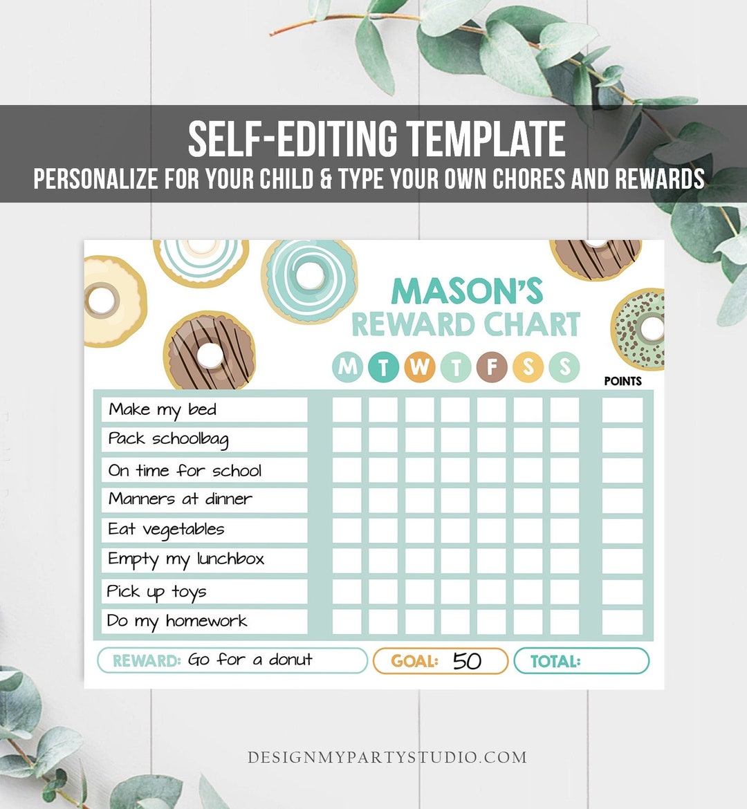 Editable Donut Reward Chart for Boys Printable Donut Chore Chart for ...