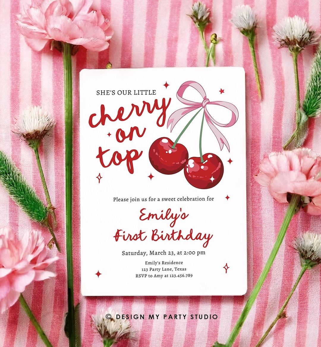 Editable Cherry Birthday Invitation Little Cherry on Top Preppy ...