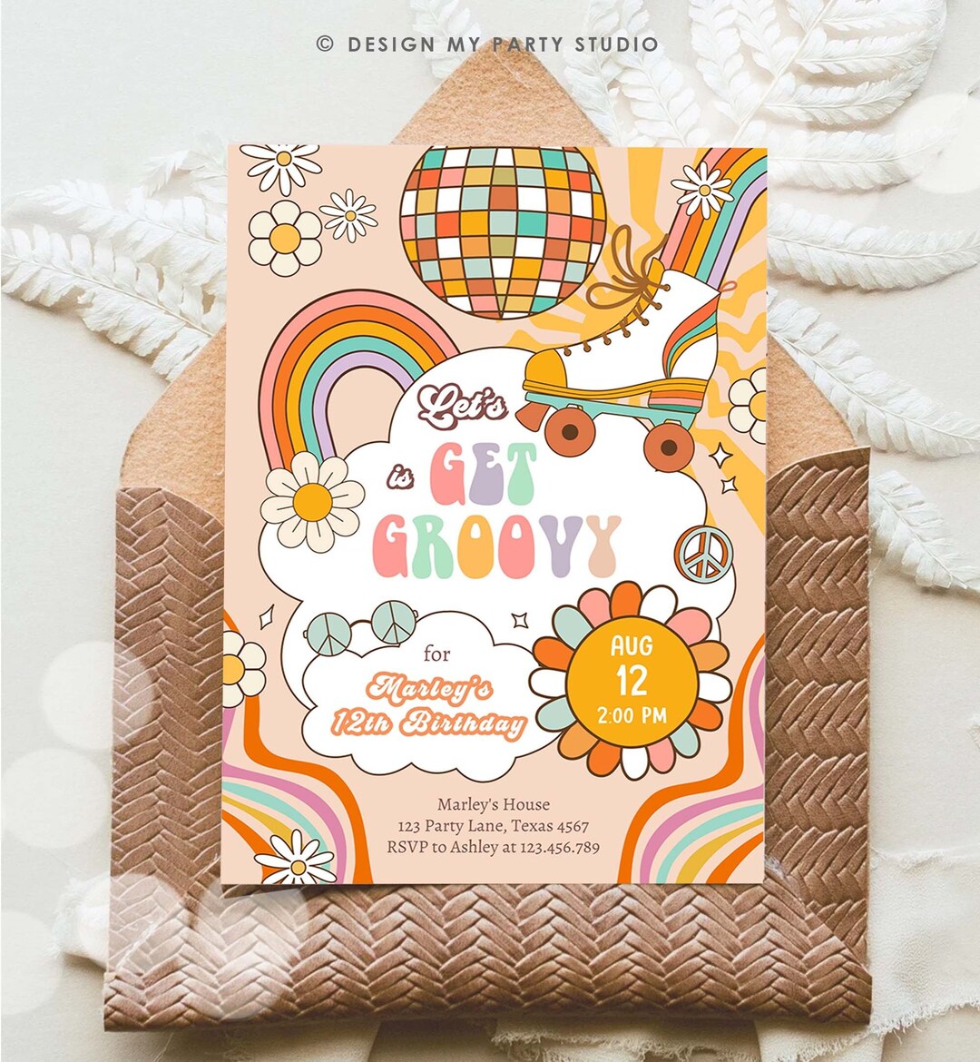 Editable Get Groovy Retro Roller Skate Birthday Party Invitation Let's ...