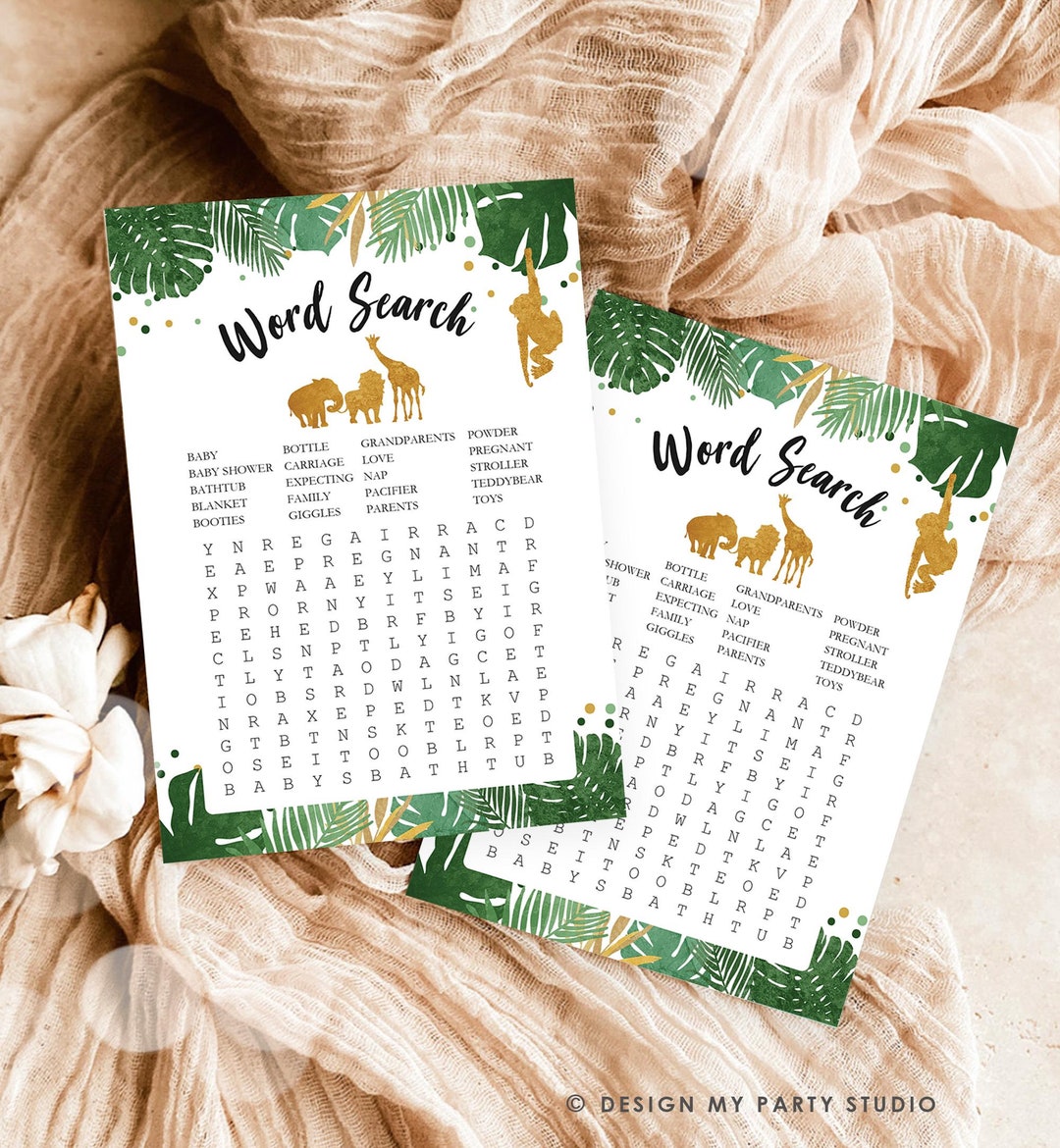 Safari Baby Shower Game Word Search Game Cards Wild One Jungle Baby ...