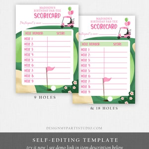 Editable Golf Score Card Birthday Par-tee Game Golfing 9 and 18 Holes ...