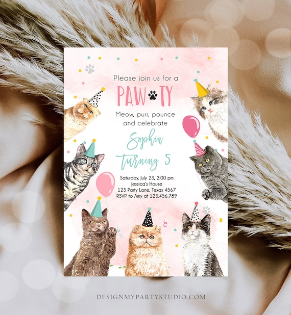 Editable Cat Birthday Party Invitation Kitten Birthday Invite Pink Girl ...
