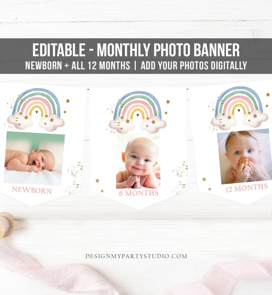 Editable Rainbow First Birthday Banner Monthly Photo Banner Boho ...