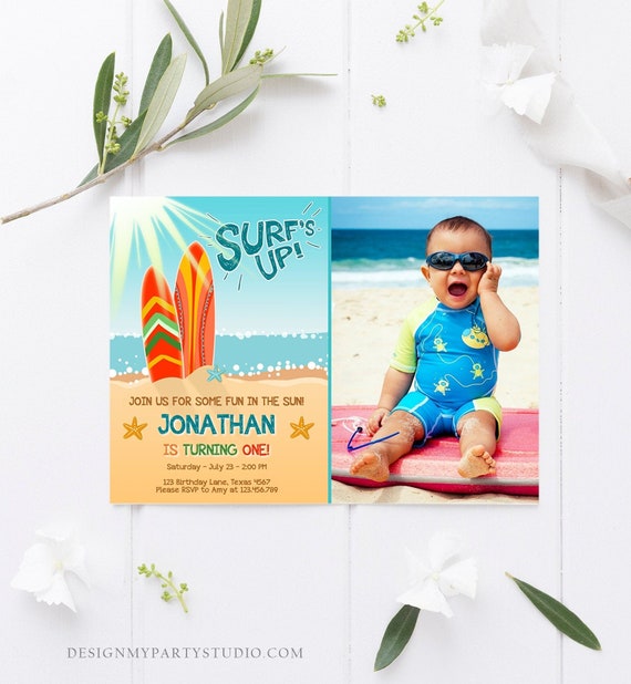 Editable Surf Birthday invitation Summer Beach Party Surfboard Boy Surf ...