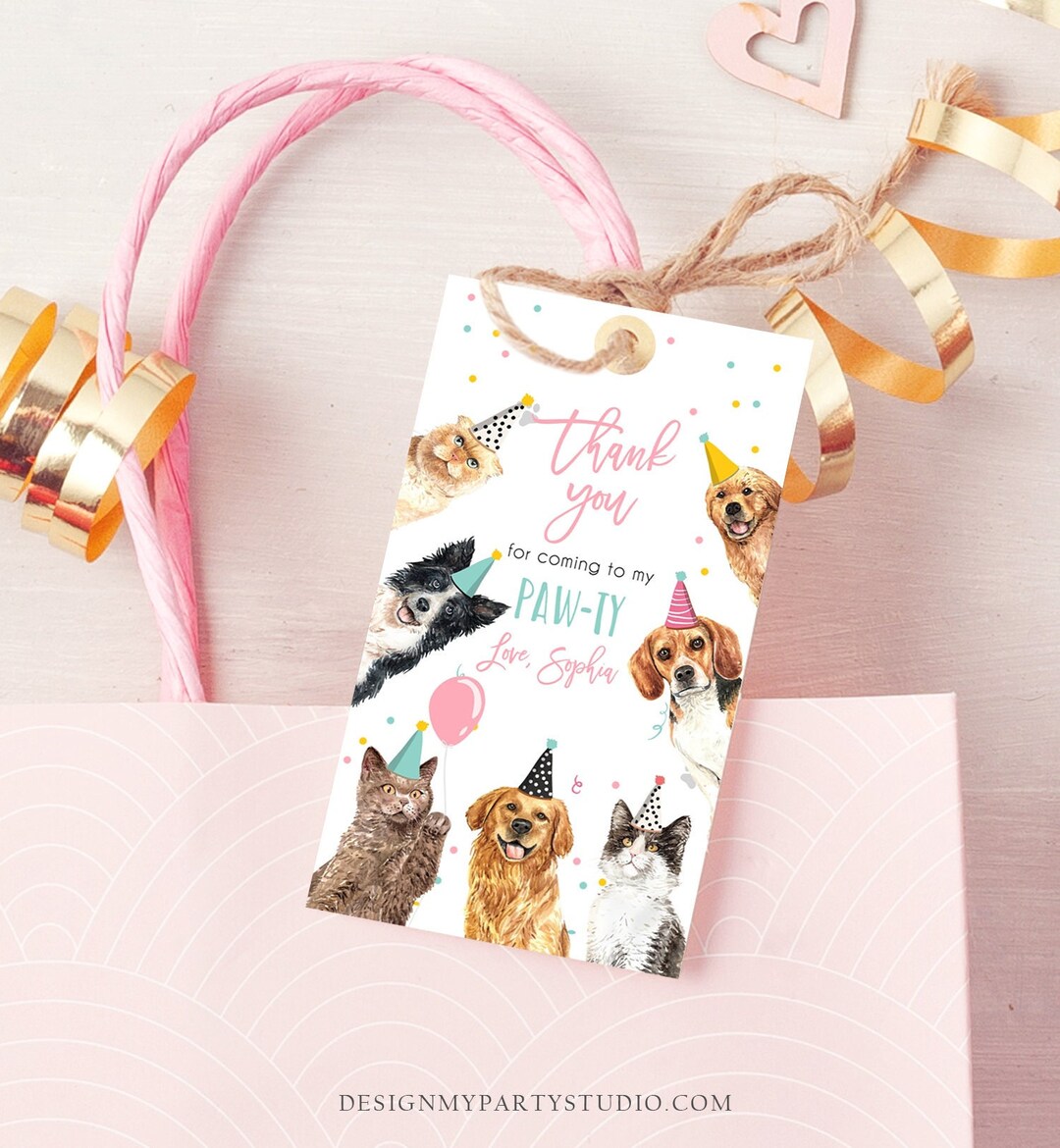 Editable Cats and Dogs Favor Tag Cat Dog Birthday Thank You Tag Girl ...