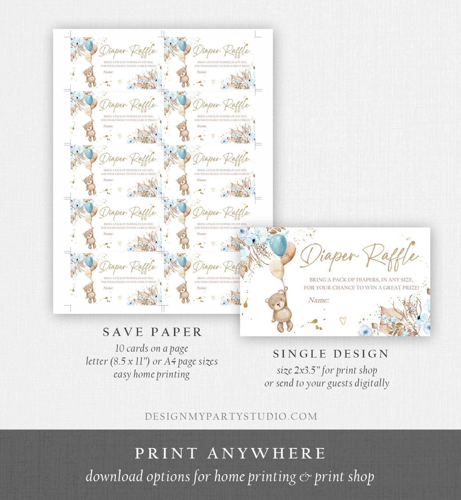 Editable Boho Teddy Bear Diaper Raffle Ticket Bear Baby Shower | Etsy