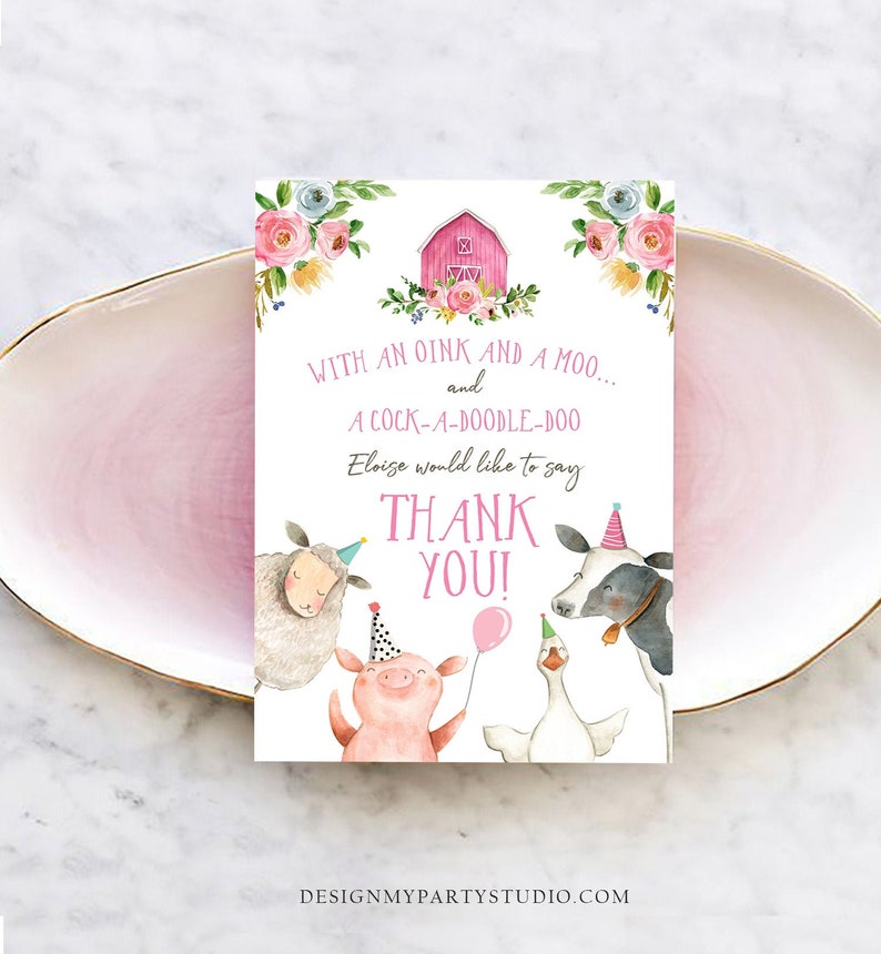 Editable Farm Animals Thank You Card Pink Gingham Farm - Etsy