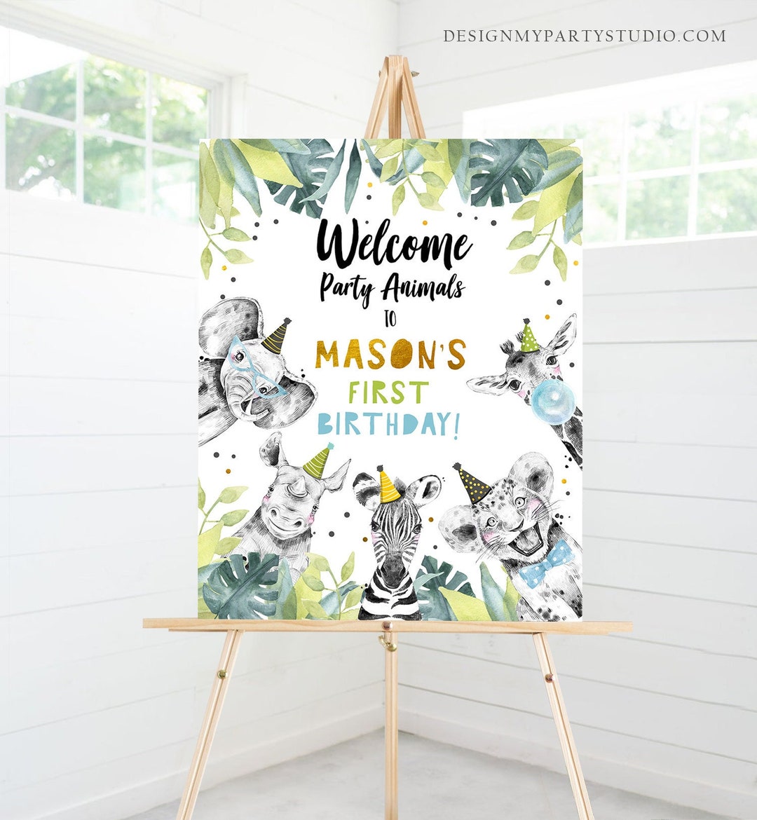 Editable Party Animals Welcome Sign Boy Birthday Party Safari Animals ...
