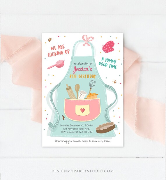 Editable Kids Kitchen Cooking Birthday Invitation Pink Girl Chef Baking ...