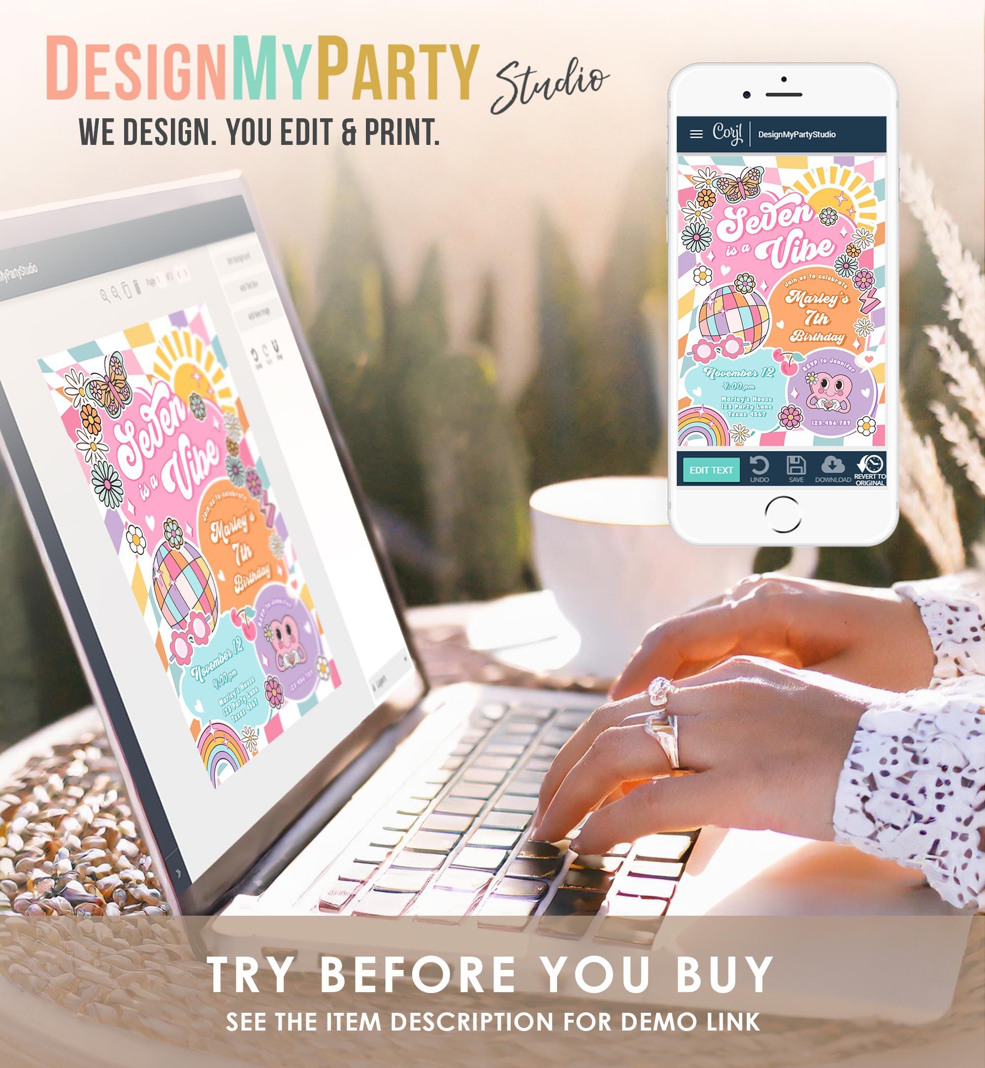 Editable Seven is a Vibe Groovy 7th Birthday Party Invitation Groovy ...
