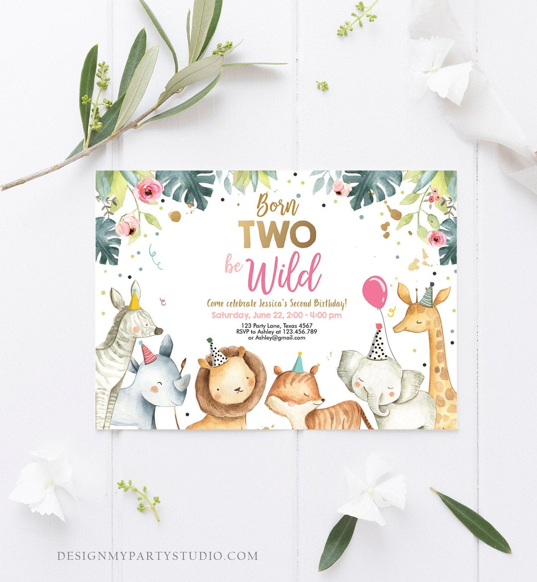Editable Born Two Be Wild Birthday Invitation Safari Animals Pink Gold ...