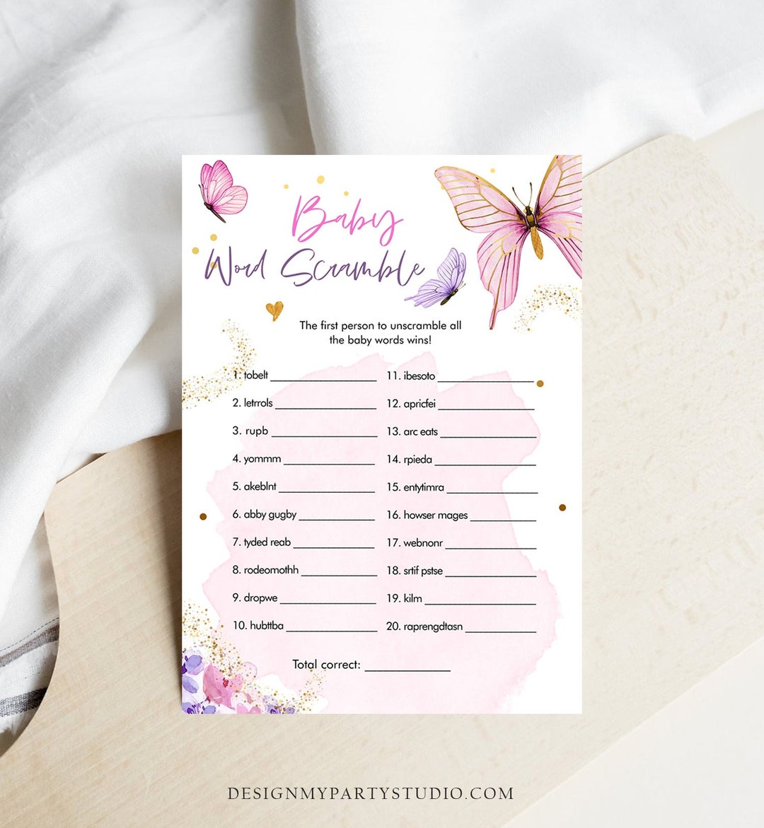 Editable Word Scramble Baby Shower Game Butterfly Baby Shower - Etsy