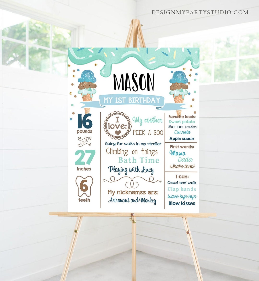 Editable Ice Cream Birthday Milestones Sign Boy First Birthday Sign ...