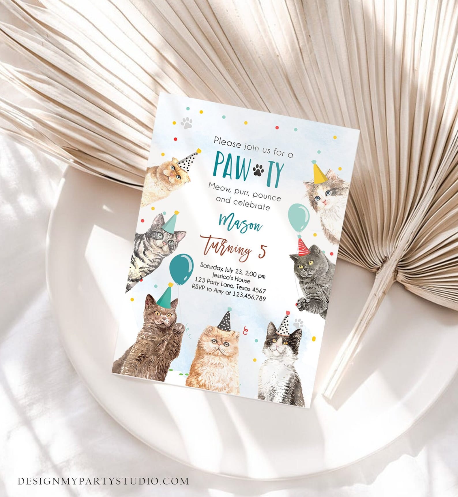 Editable Cat Birthday Party Invitation Kitten Birthday Invite Blue Boy ...