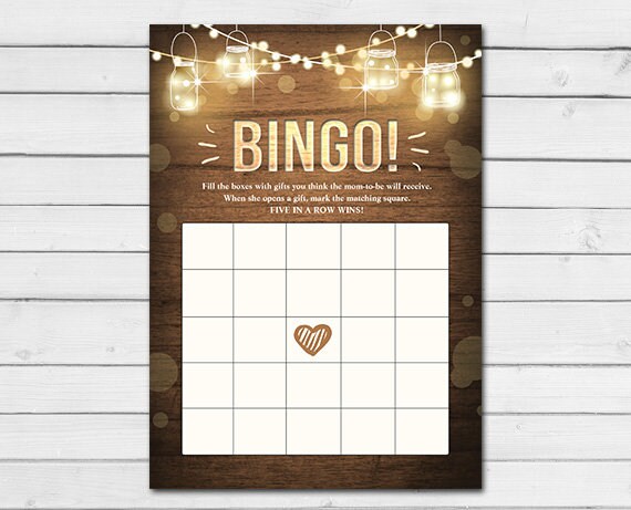 Rustic Lights Baby Shower Bingo Game Cards Wood Mason Jars Rustic ...