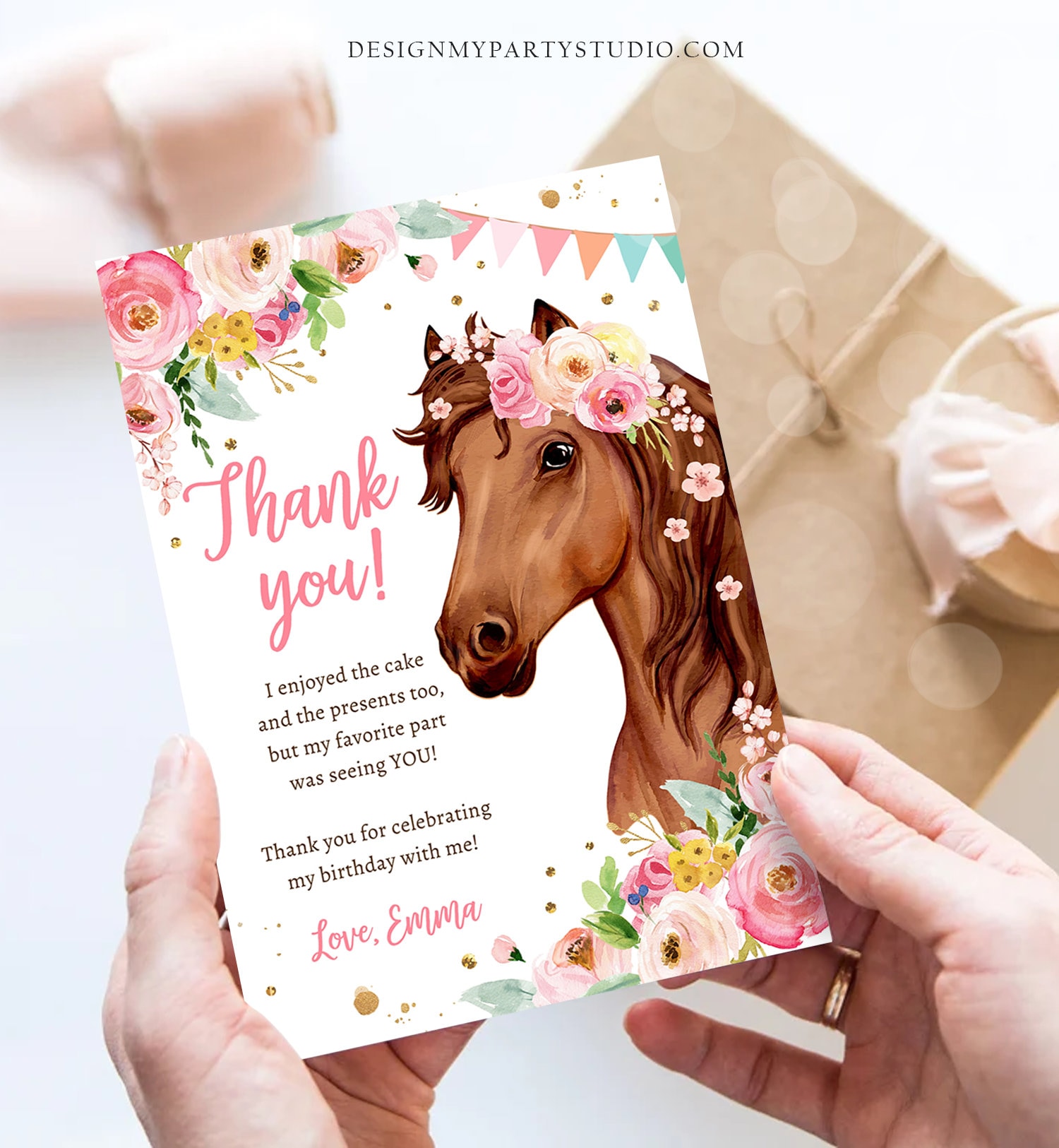 Editable Horse Thank You Card Note Girl Birthday Party Cowgirl ...