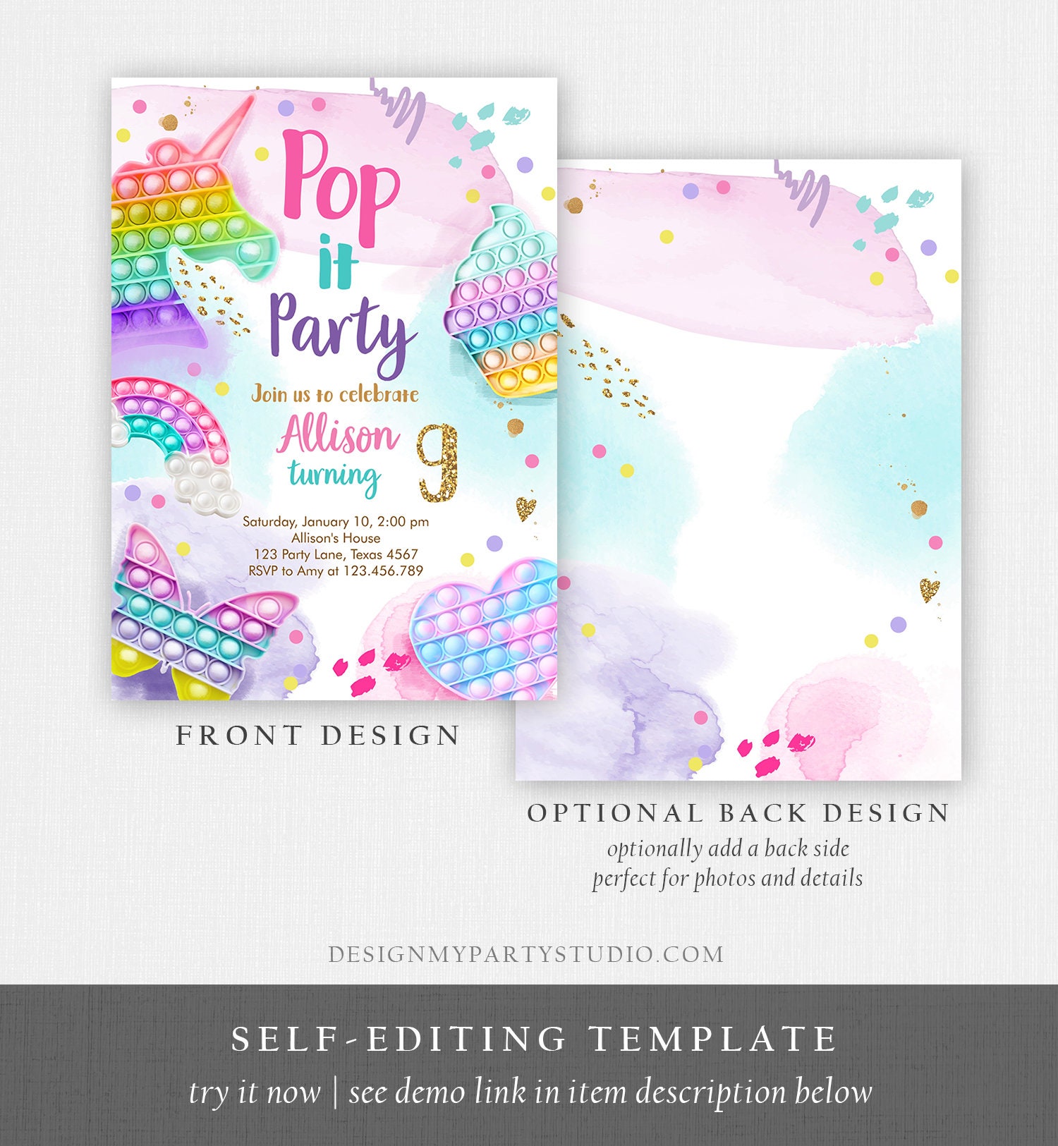 Editable Pop It Birthday Party Invitation Fidget Toy Girl Kids - Etsy