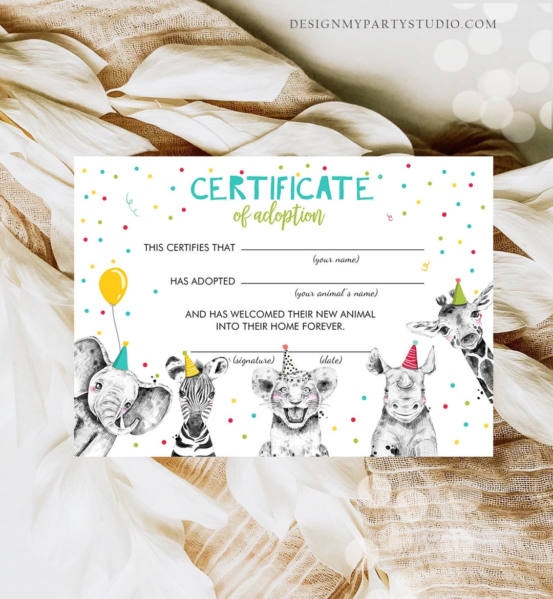 Adopt an Animal Adoption Certificate Safari Animals Adoption Wild One ...