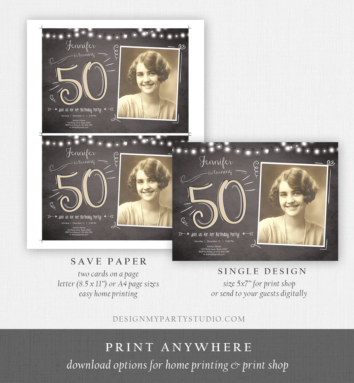 Editable 50th Birthday Invitation Vintage Chalk Rustic Adult | Etsy