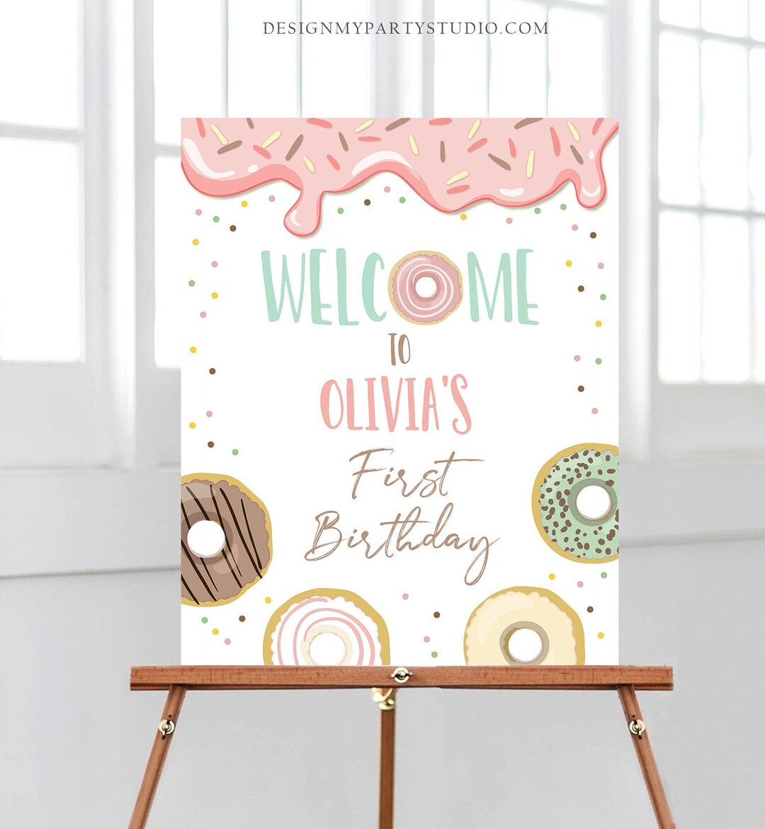 Editable Donut Welcome Sign Donut Birthday Party Pink Girl Two Sweet ...