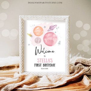 Editable Outer Space Birthday Welcome Sign 1st Birthday Girl Pink ...