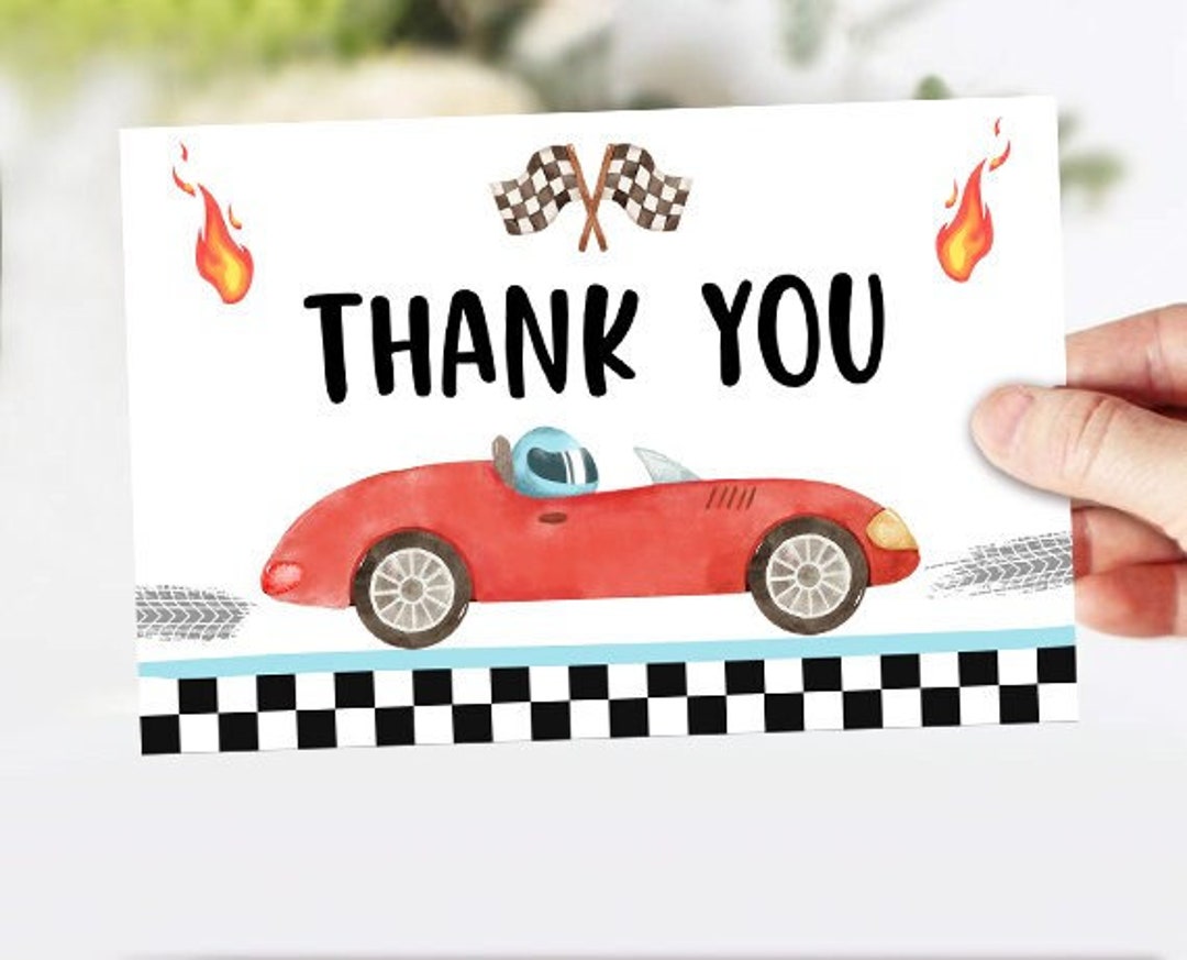 Race Car Thank You Card Two Fast Birthday Boy Red Racing Car Thank You ...