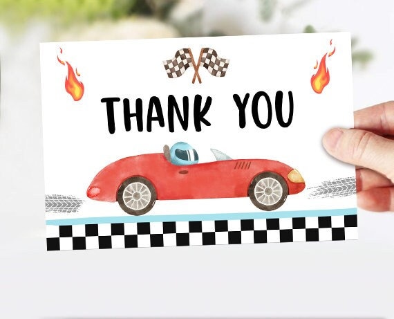Race Car Thank You Card Two Fast Birthday Boy Red Racing Car Thank You ...